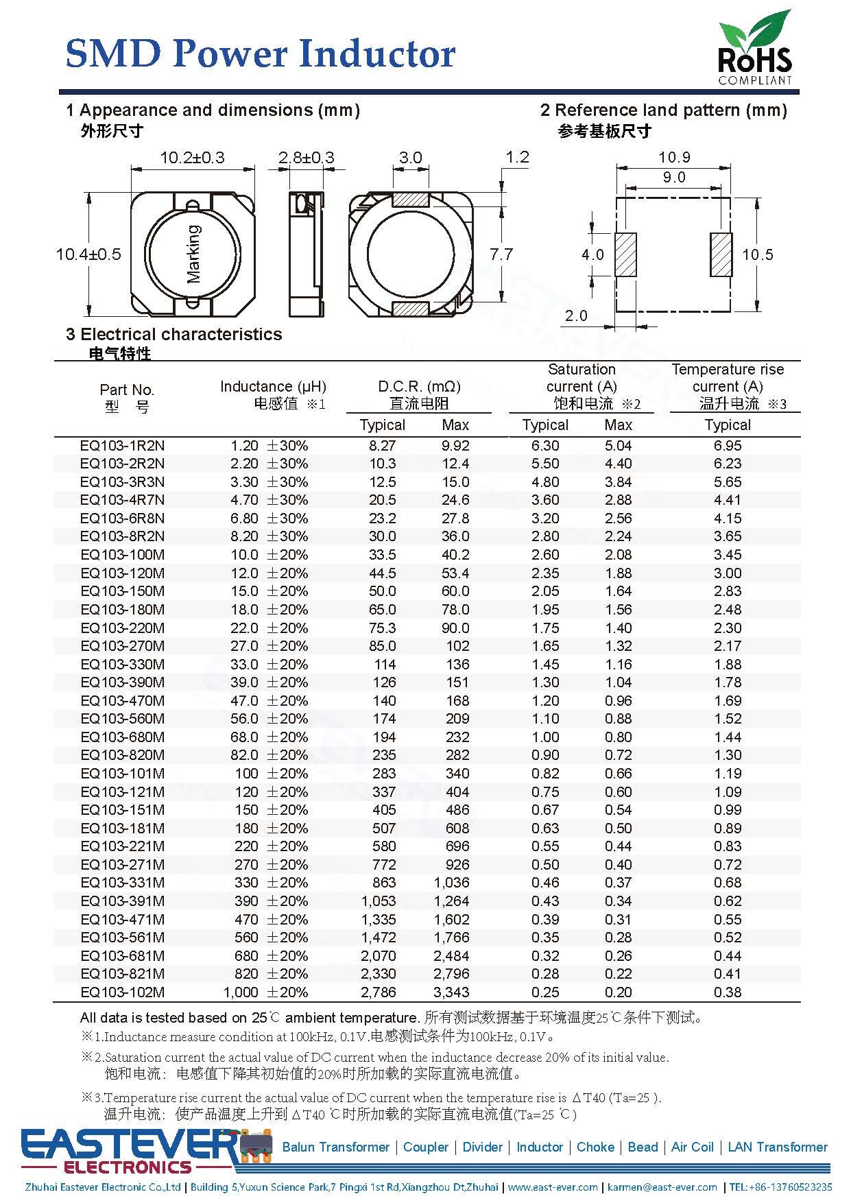 1.2uh ~1000uh Eq103series Shielded Smd Chip Power Inductor High Current ...
