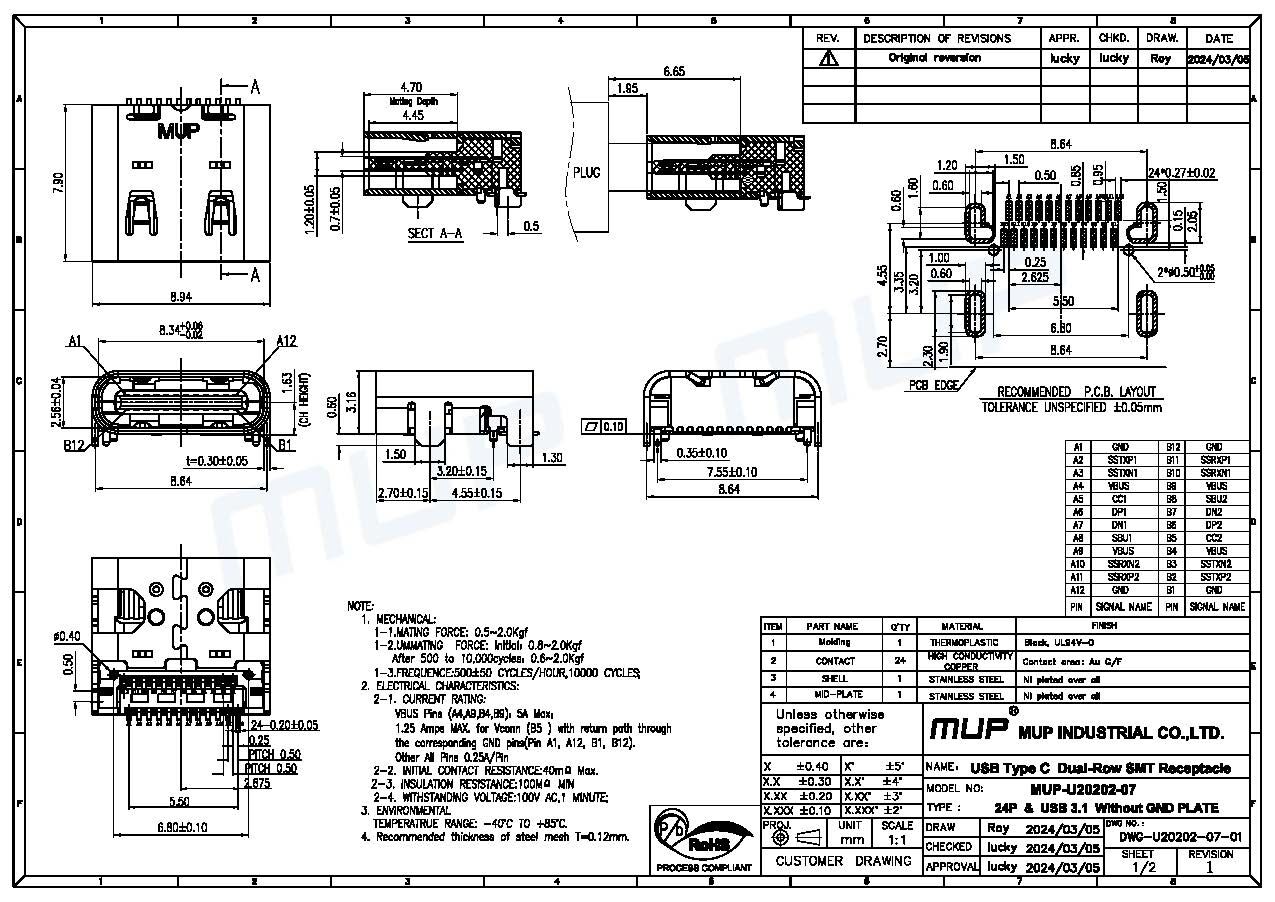 Mup Usb3.1 Dual Rows Smt Type Usb Type C On Board Socket Usb-c ...