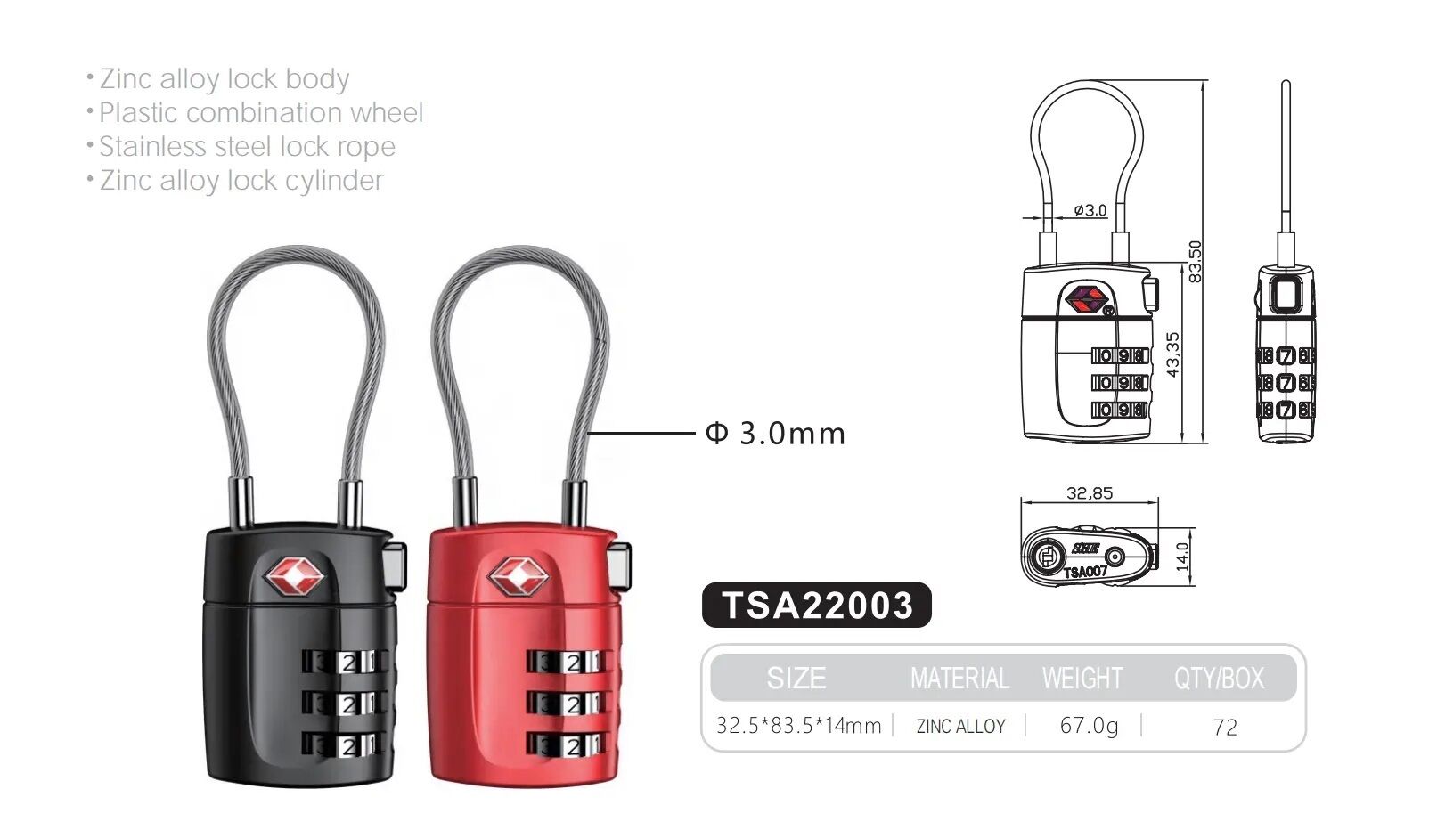Padlock 3 Digital Password Luggage Bag Zinc Alloy Lock Body Combination ...