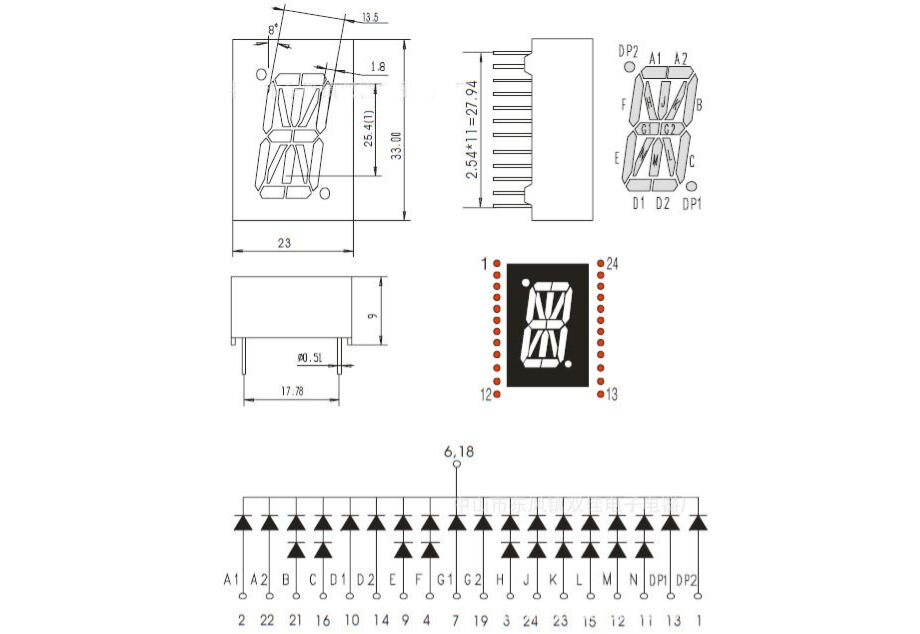 Super Bright 16 Segment Led Display Single Digit 0.8 Inch 0.5 Inch Red ...