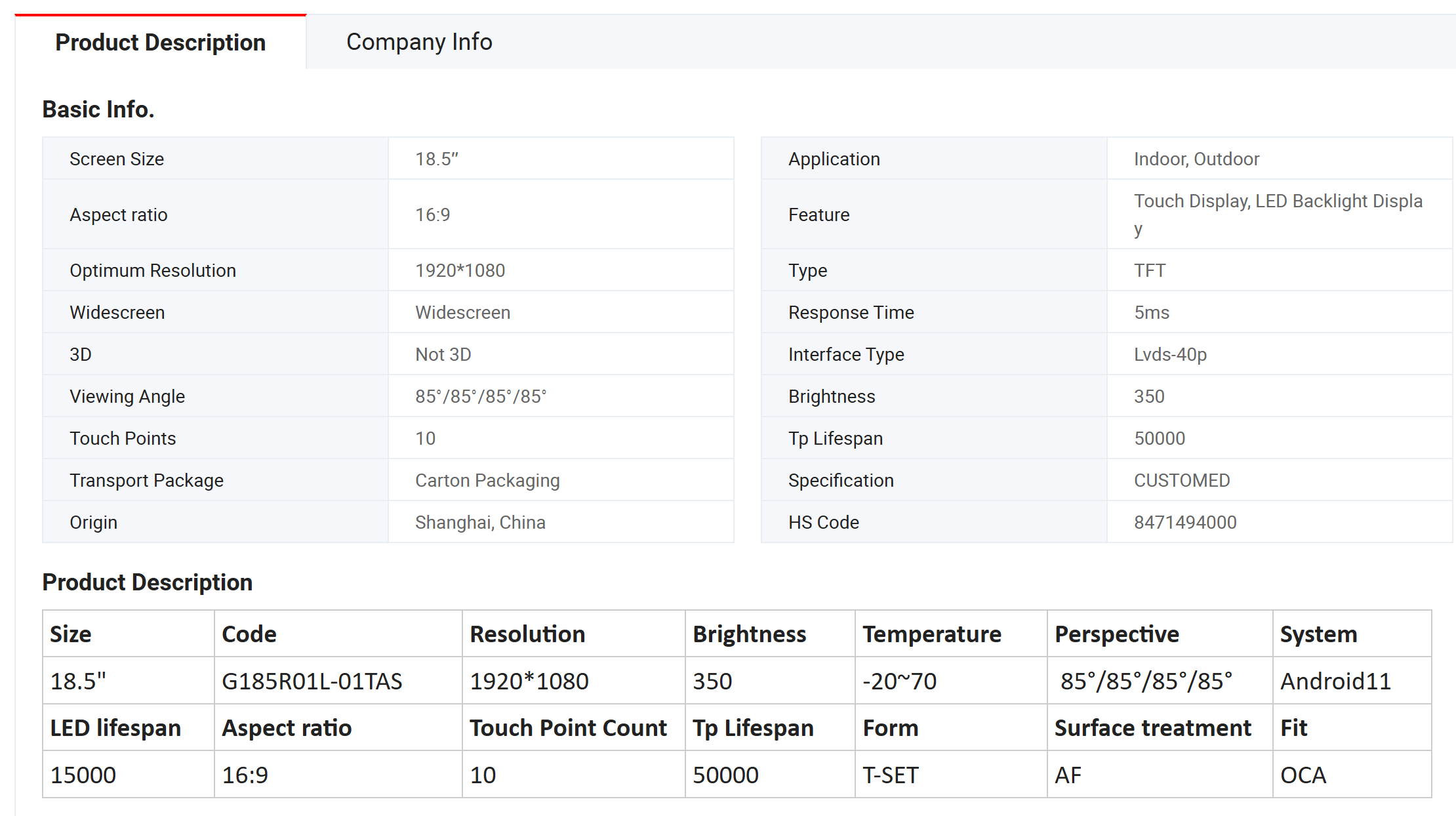 High Resolution High Contrast 18.5 Inch Tft Display Touch Lcd ...
