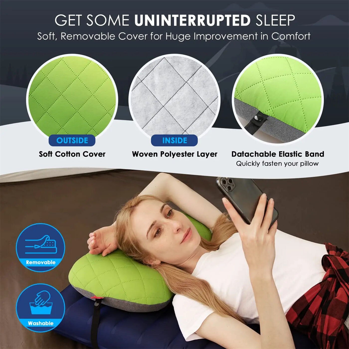 Camping Pillow With Removable Cover - Ultralight Inflatable Pillow For ...