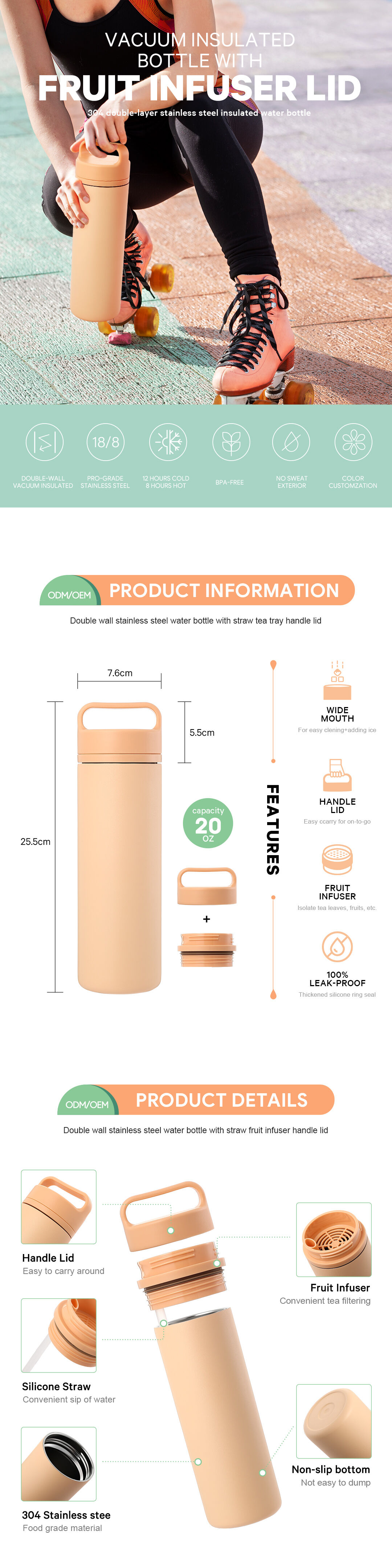 Everich Wholesale Insulated Stainless Steel Sports Water Bottle Fruit Infuser Lid Design With ...