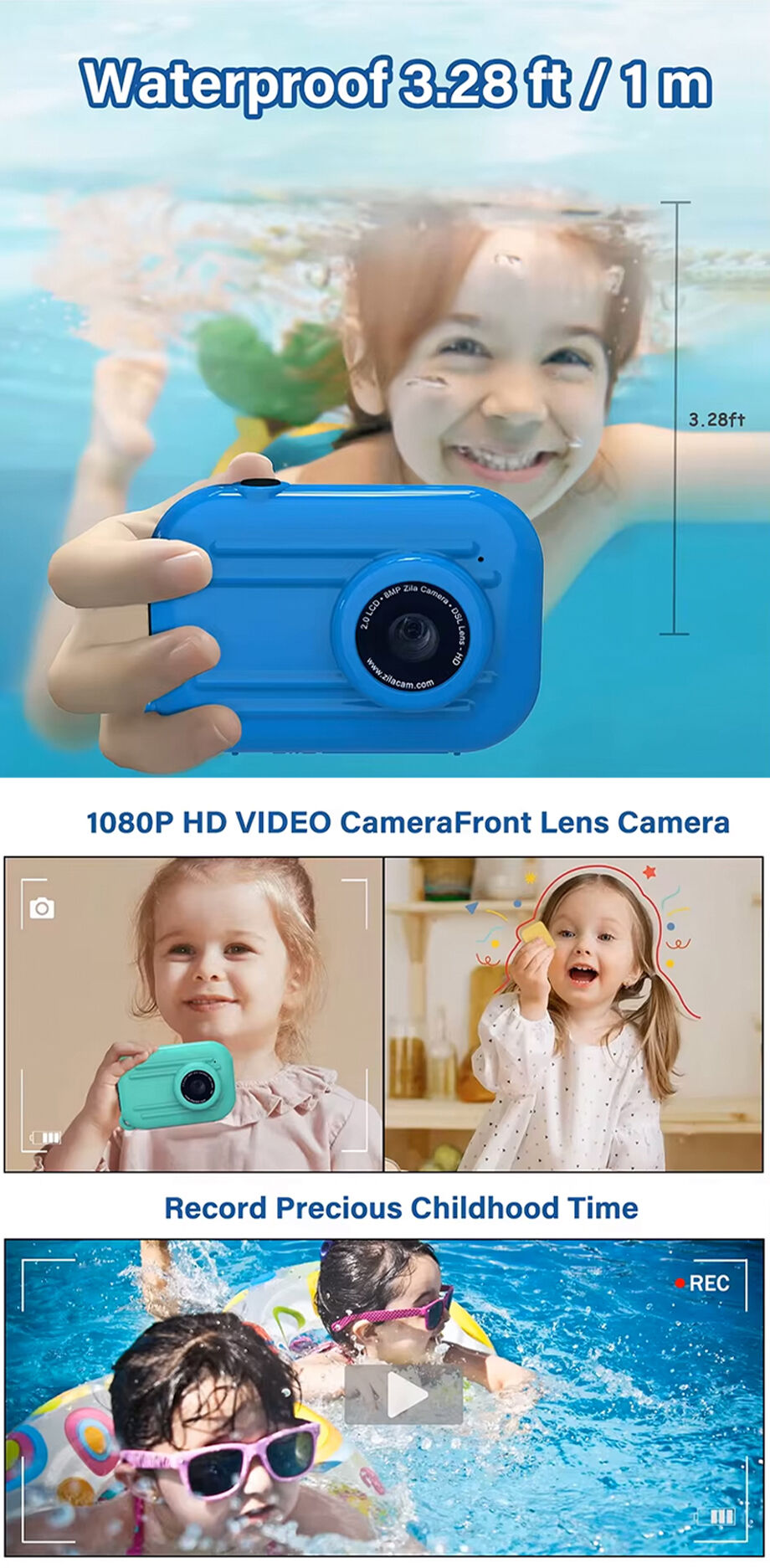 Waterproof Digital Camera 1080p Video 2.0 Screen 4x Digital Zoom Kids ...