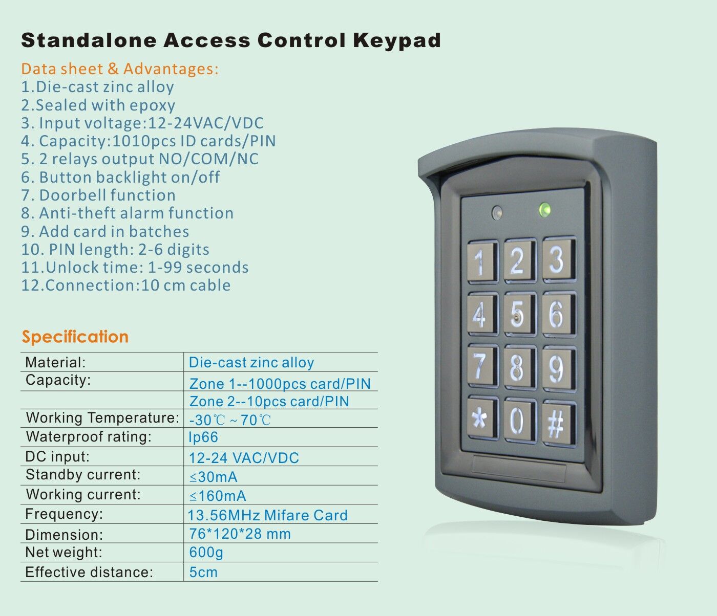 Nfc Rfid Access Control Keypad Ip68 Waterproof Frequency 125khz / 13 ...