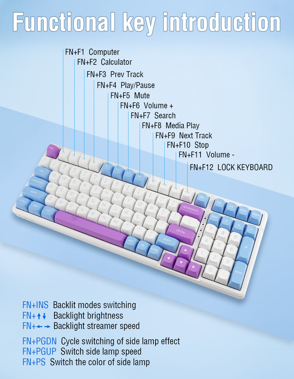 99 Keys Ice Blue Wired Mechanical Gaming Keyboard Layout Hot Swappable ...