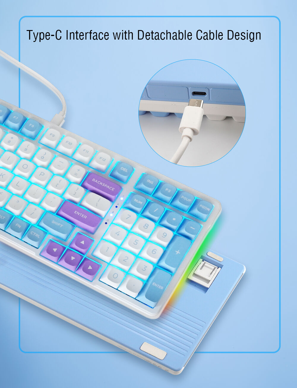 99 Keys Ice Blue Wired Mechanical Gaming Keyboard Layout Hot Swappable ...