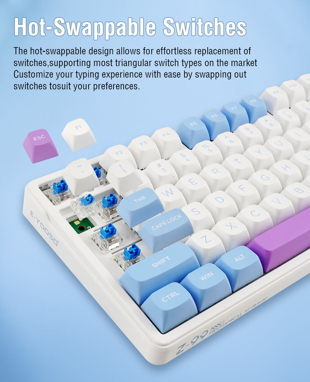 99 Keys Ice Blue Wired Mechanical Gaming Keyboard Layout Hot Swappable ...