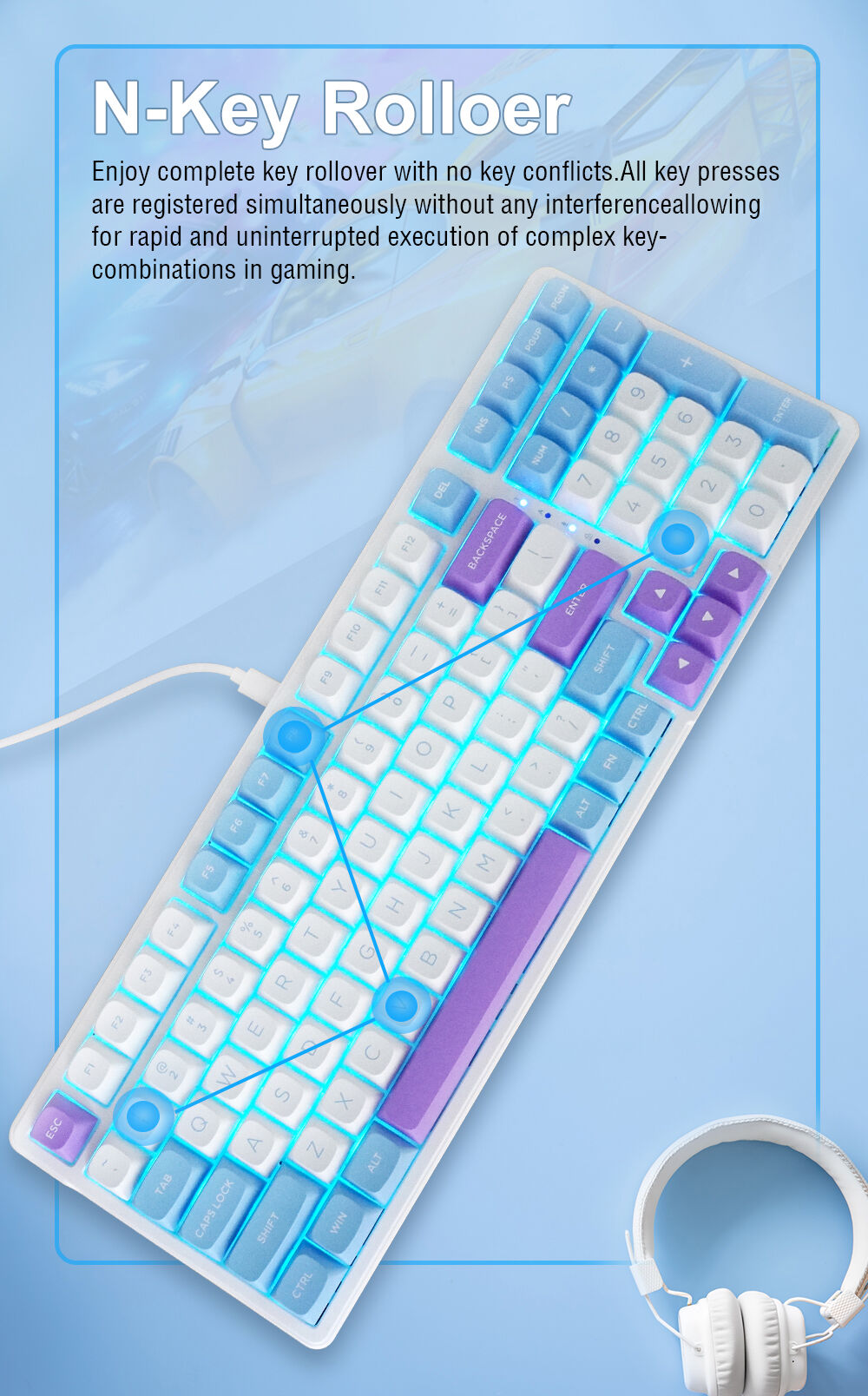 99 Keys Ice Blue Wired Mechanical Gaming Keyboard Layout Hot Swappable ...