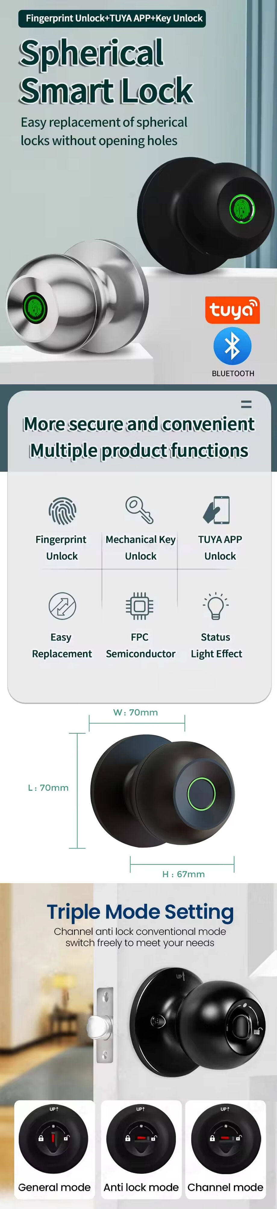 Knob Lock Biometric Fingerprint Keyless Entry Tuya Smart Knob Door Lock Stainless Steel Round ...