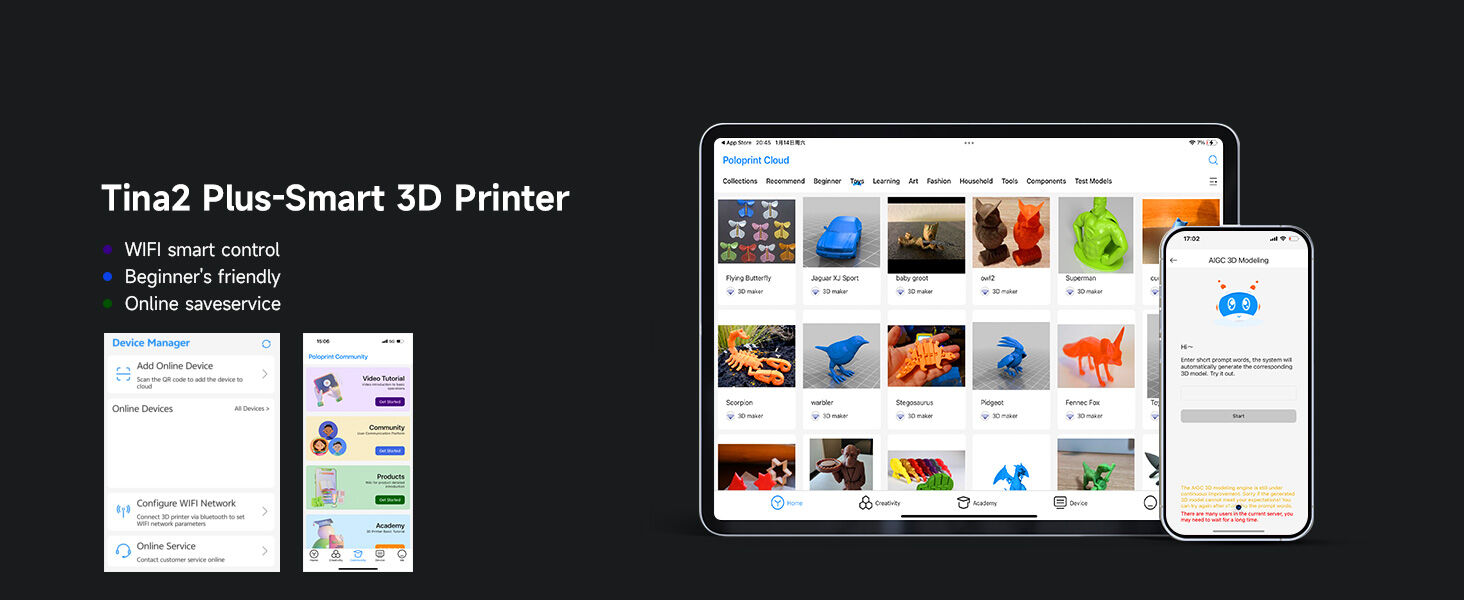 3d Printer Tina2 Plus , 250mm/s High Speed Smart 3d Printer For Kids And Beginners - Expore Hong ...