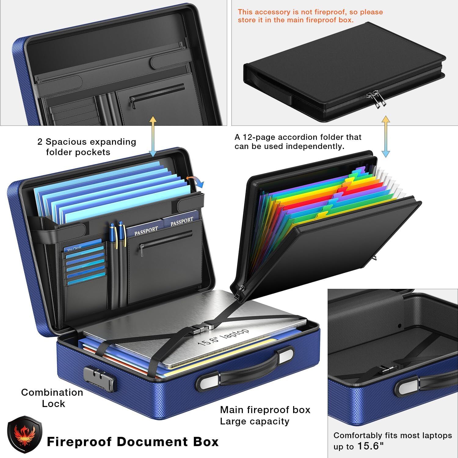 Fireproof Document Bag With Zipper Hard Inner Shell Fire Water ...