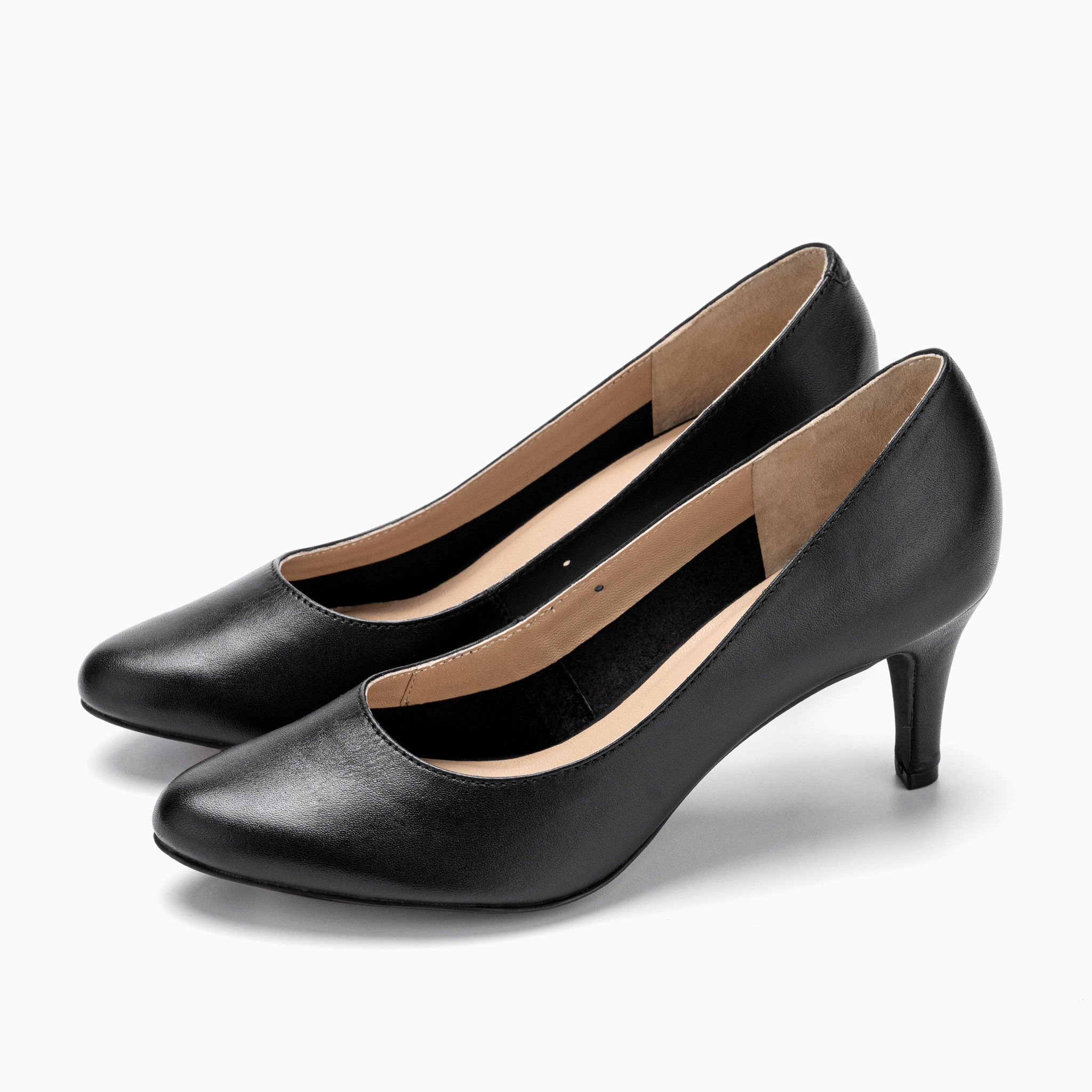 Oem Odm Women's Black Leather Almond Toe Mid Heel Court Shoes, Work ...