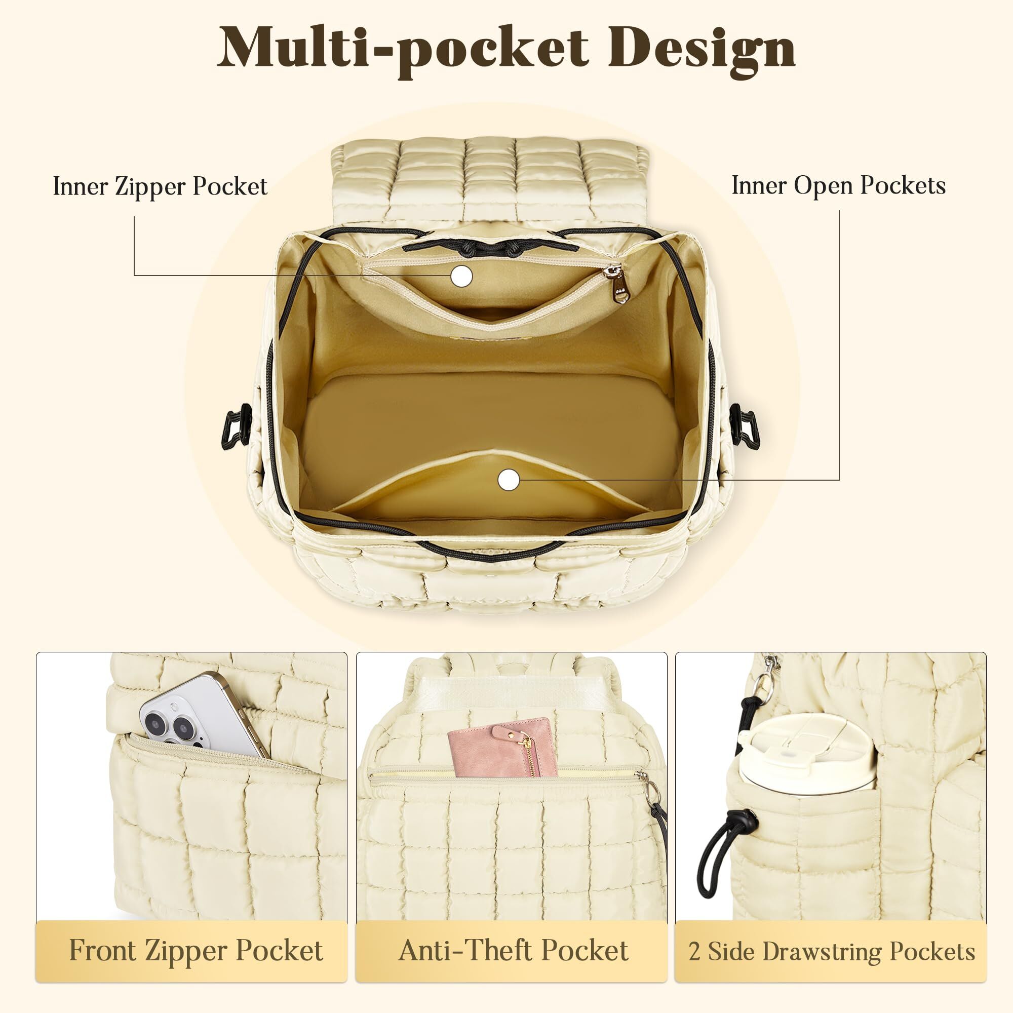 Lightweight Puffer Quilted Travel Backpack - Small Casual Daily Daypack ...