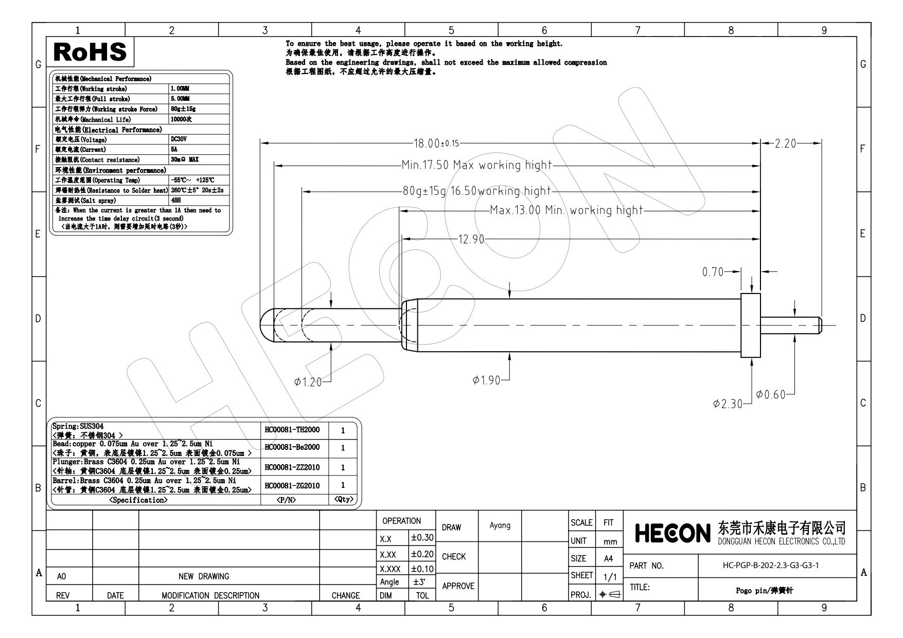 Custom Spring Pogo Pin 2.5mm Spring Pogo Pin L20.2mm Gold Plated For 2 ...
