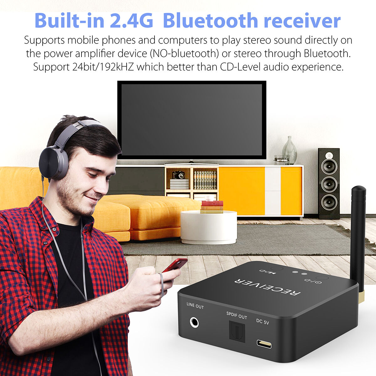 2.4ghz Bluetooth 5.3 Audio Receiver With Rca & Toslink, 100ft Extended Range, Low Latency For ...