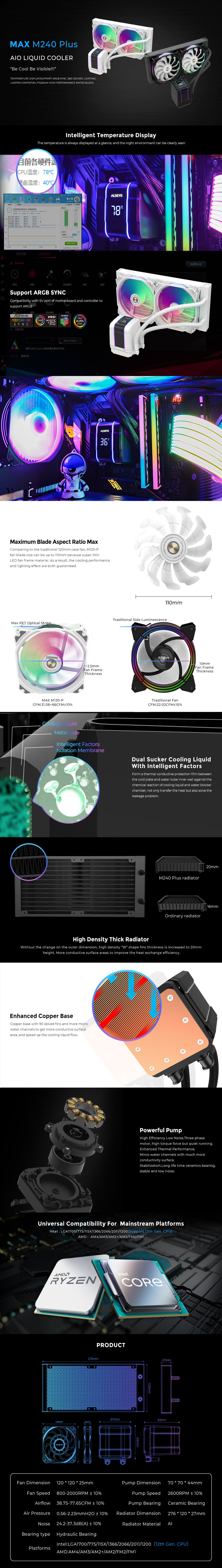 Alseye Newly M240 Pc Water Cooling With Argb Fans Aio Liquid Cooler ...