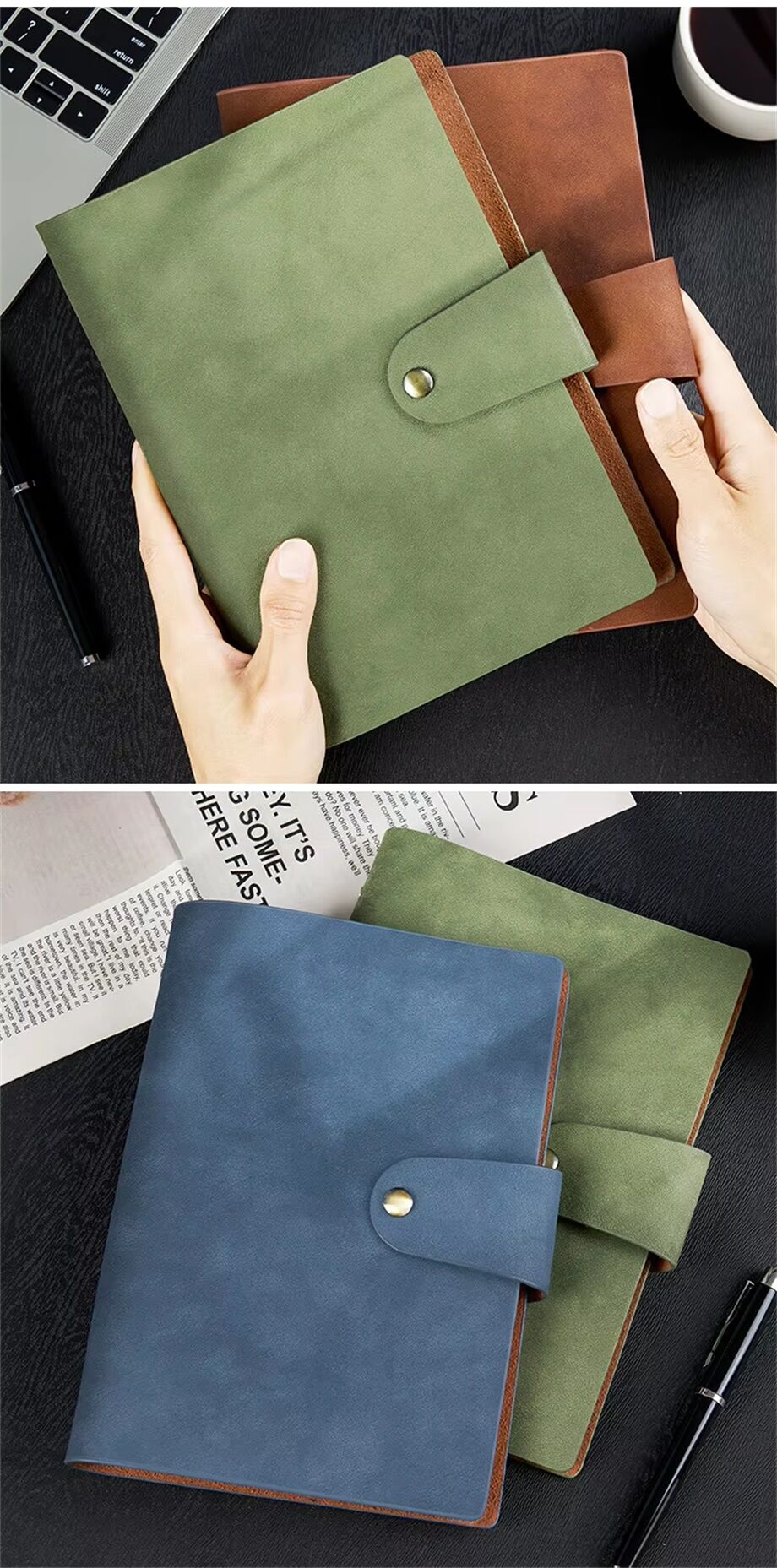 Sleek Black Leather - Like Notebook With Snap Button Closure For ...
