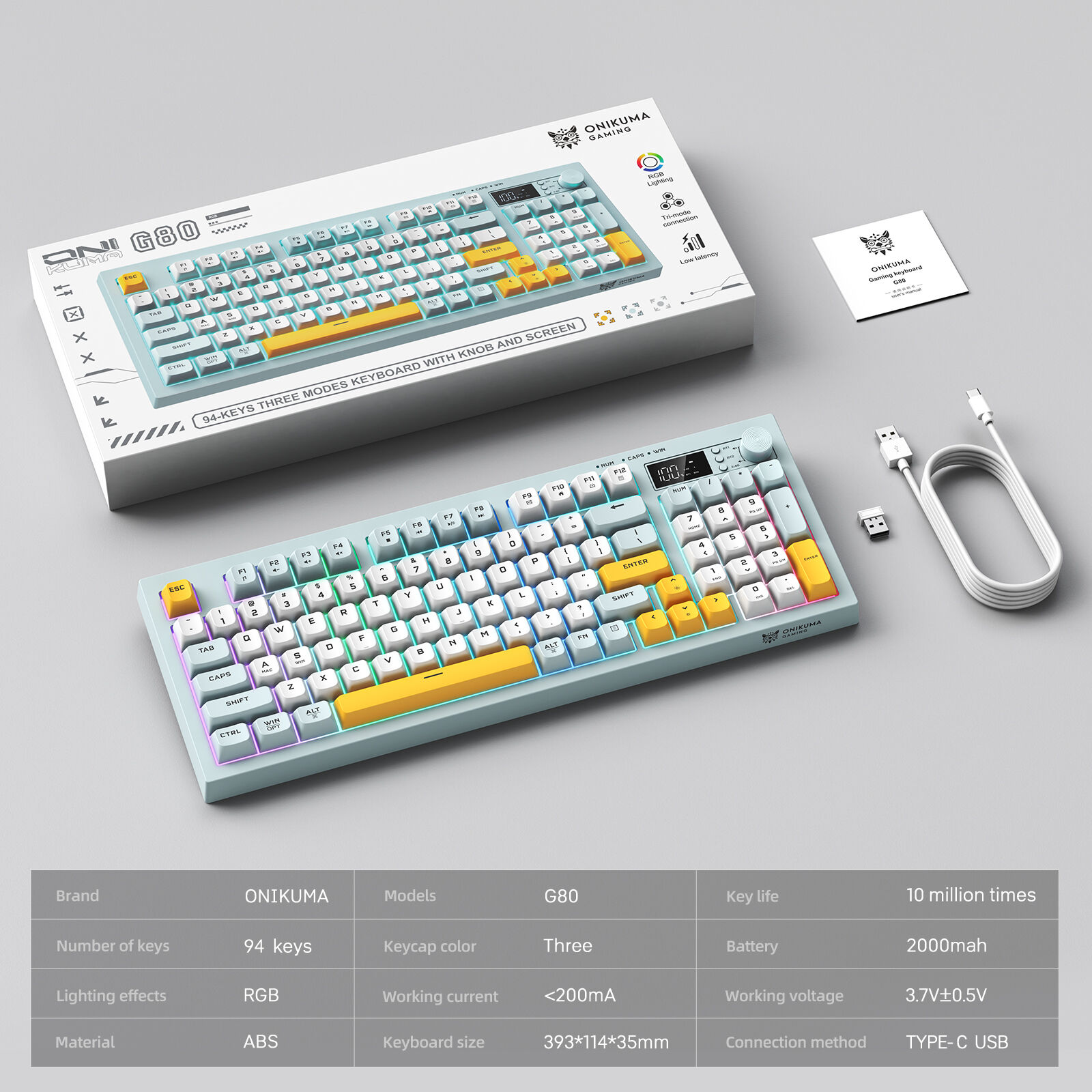 Onikuma G80 Rgb Membrane Keyboard - 92 Keys, Tri-mode Wireless ...