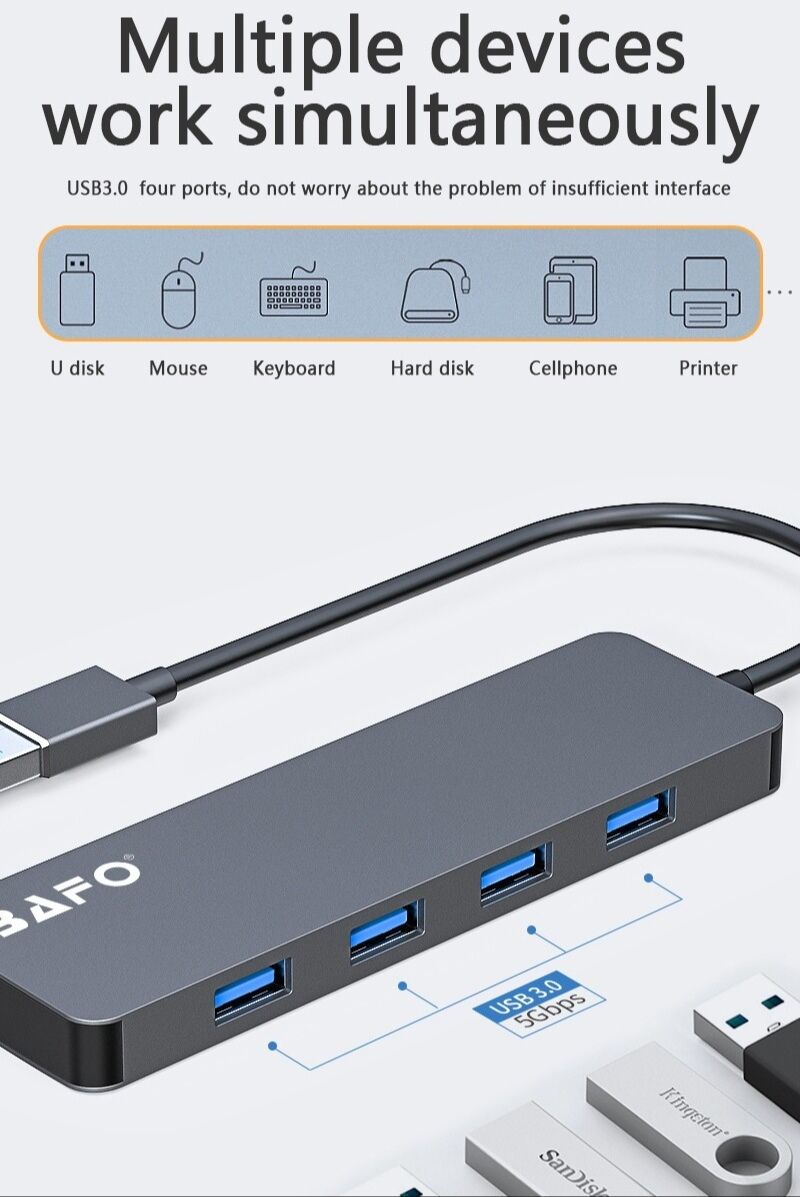 High-speed 4-port Usb 3.0 Hub - Usb-a To 4*usb-a, Aluminum Housing, For ...
