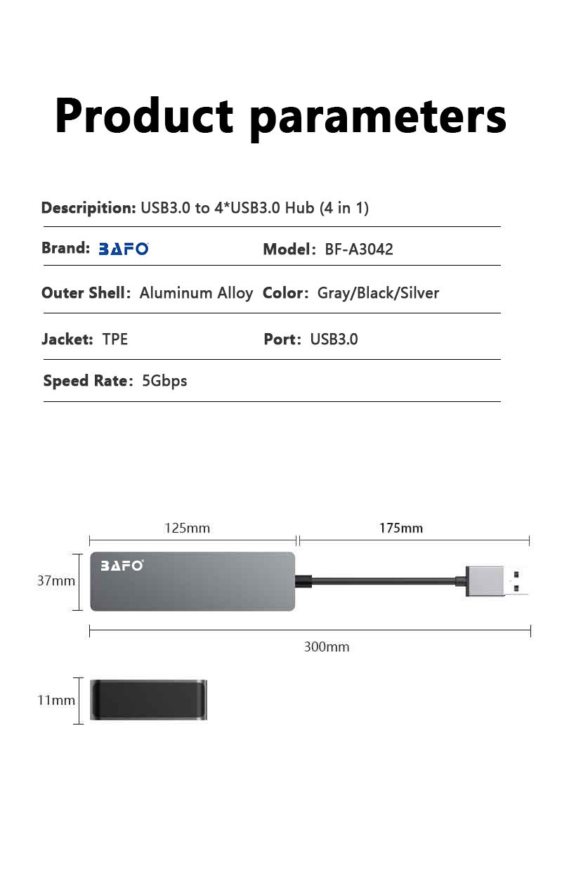 High-speed 4-port Usb 3.0 Hub - Usb-a To 4*usb-a, Aluminum Housing, For ...