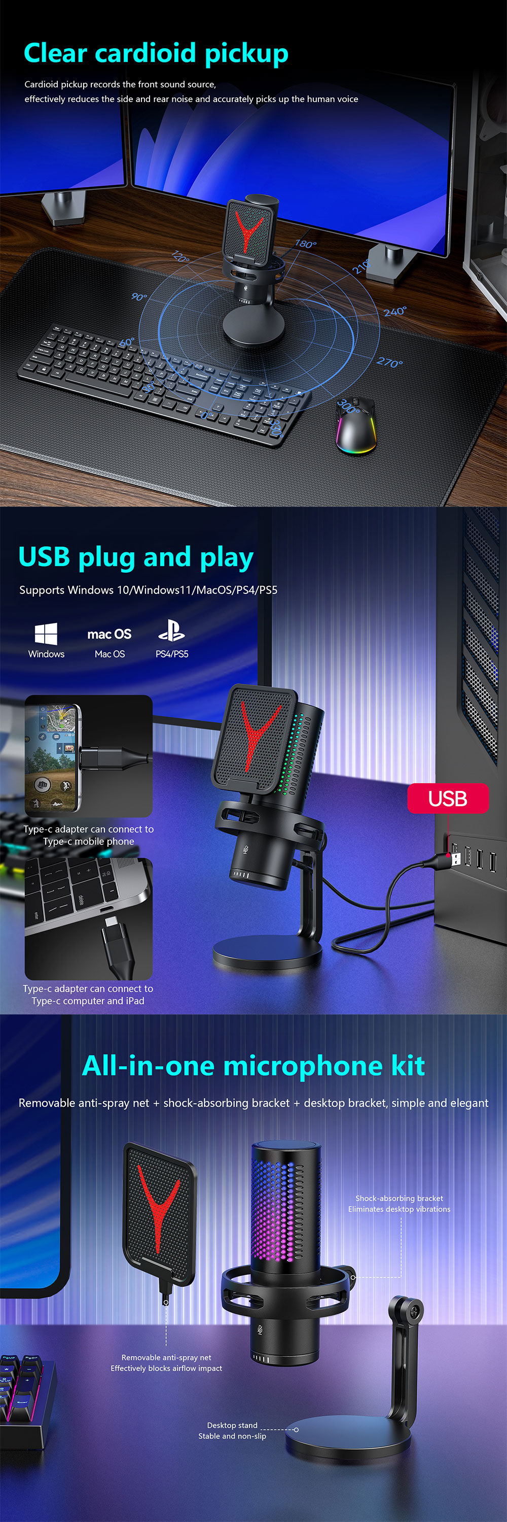 Capacitor Wired Microphone Rgb Luminous E-sports Game Call Computer ...