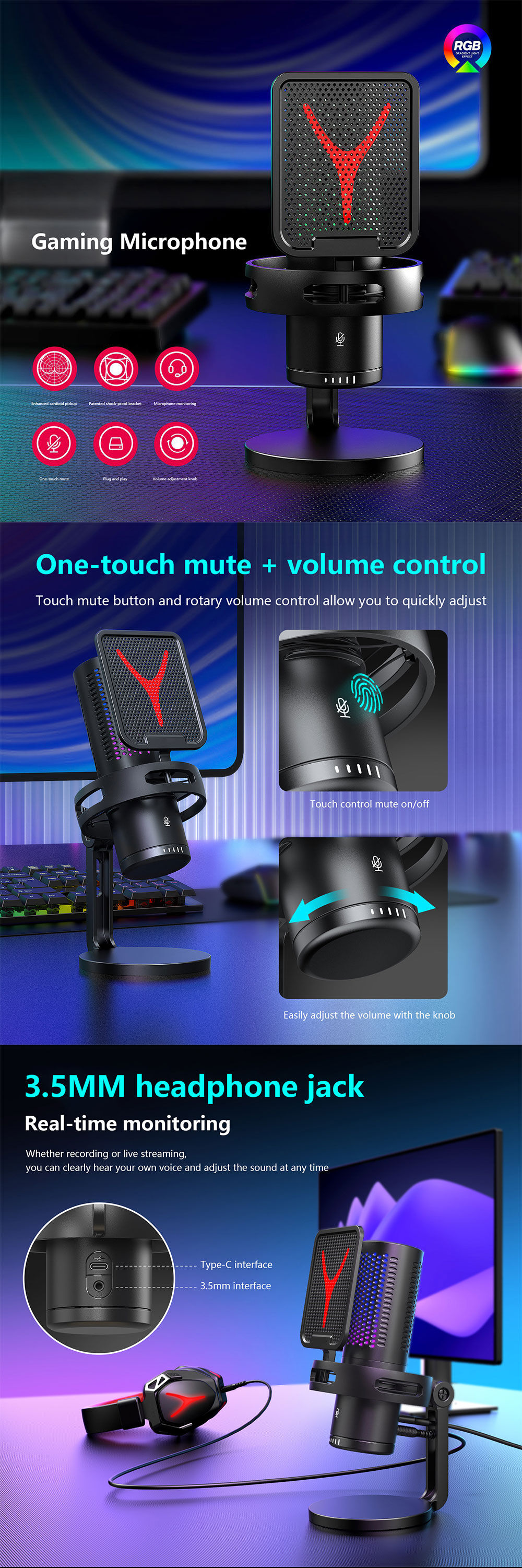 Capacitor Wired Microphone Rgb Luminous E-sports Game Call Computer ...