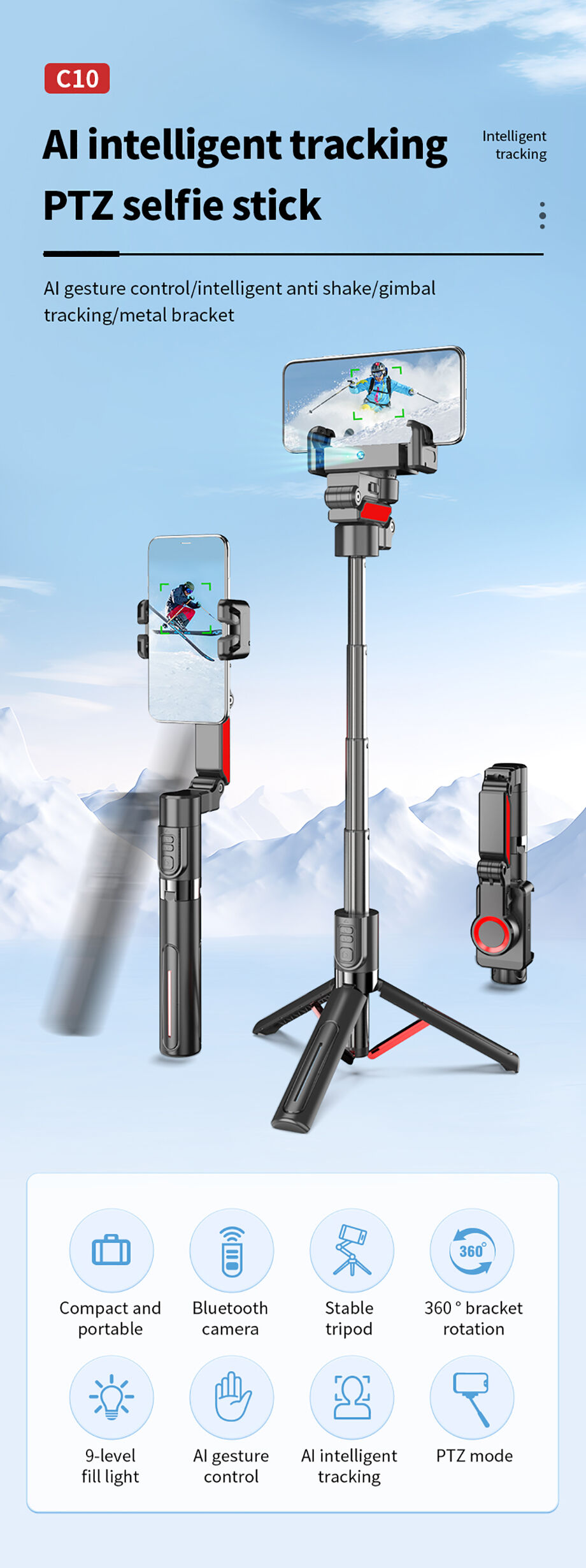 Ai Intelligently Tracking Ptz Selfie Stick Red Gimbal-sungle Lamp Model ...