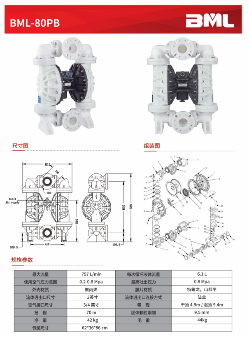 High-flow 757 Lpm Pneumatic Diaphragm Pump, 3/4" Caliber, Bml-80pbs ...