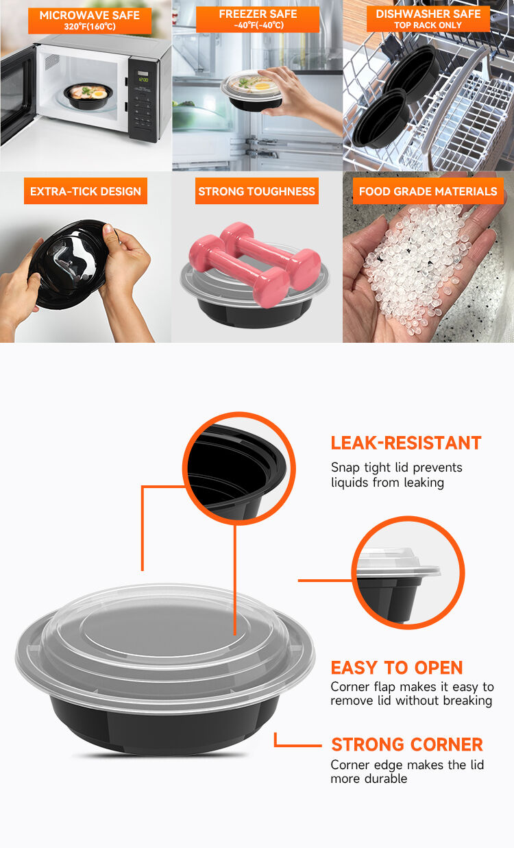 Disposable Round Plastic Food Containers Black Base Clear Lid Lunchbox ...