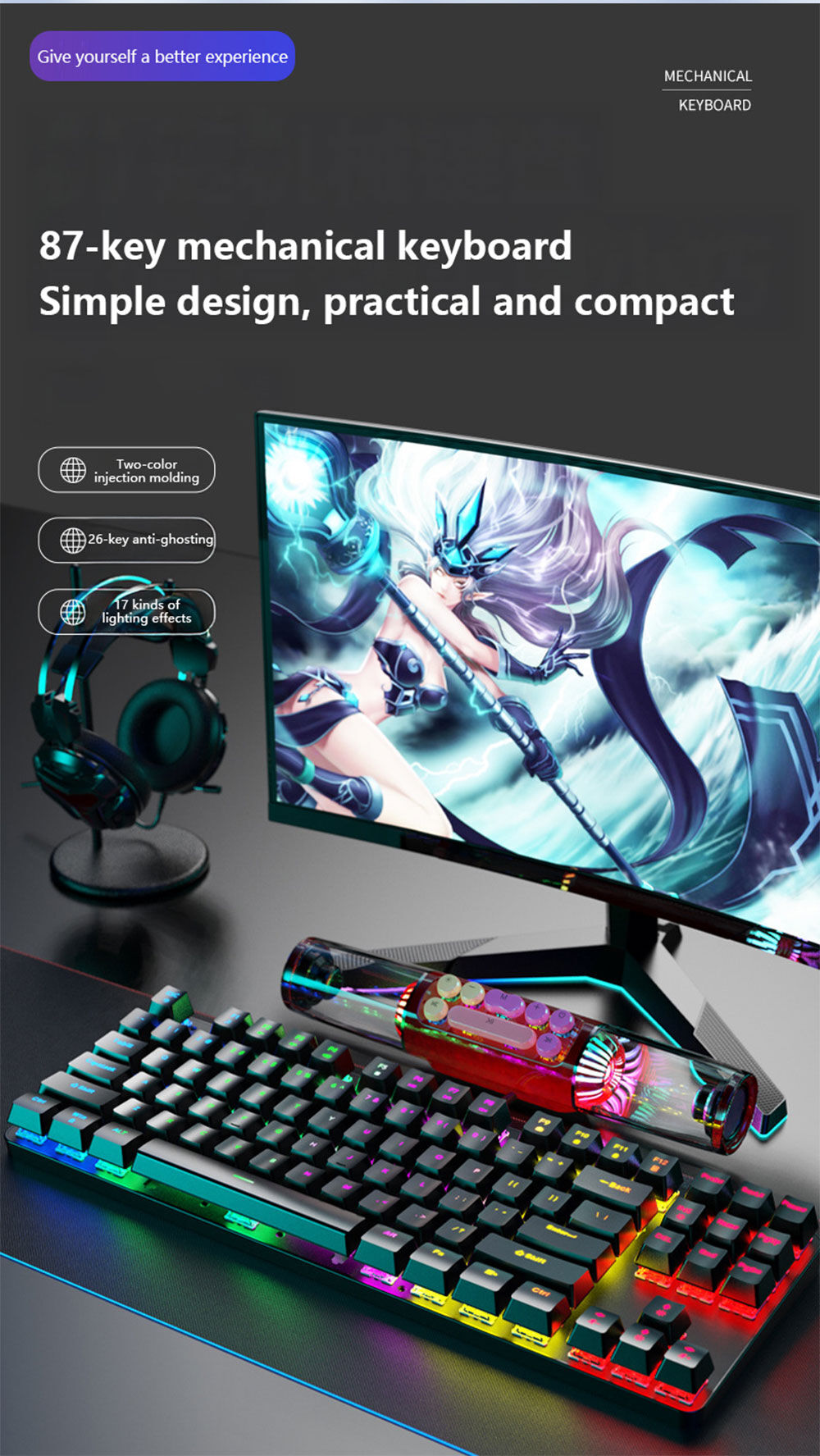 Wired Mechanical Keyboard 87 Keys Mechanical Mixed Color Backlight ...
