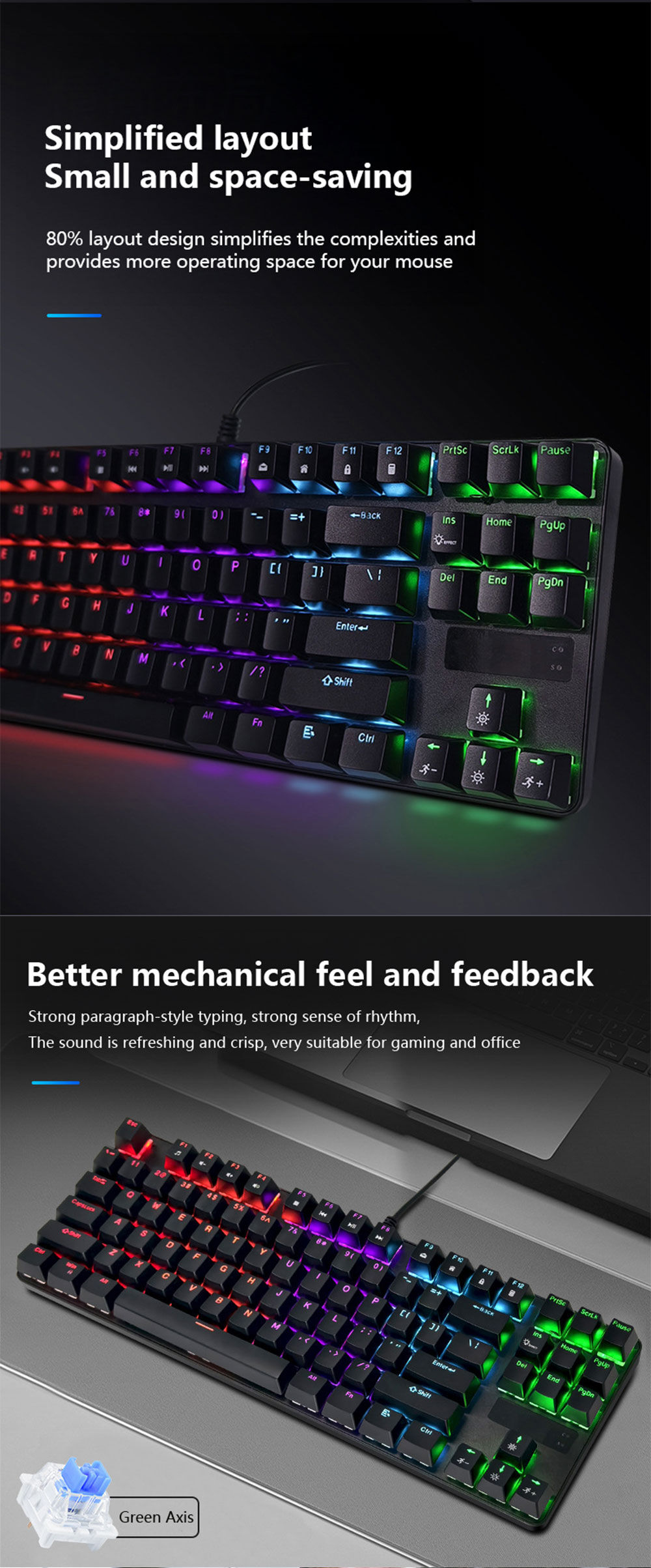 Wired Mechanical Keyboard 87 Keys Mechanical Mixed Color Backlight ...