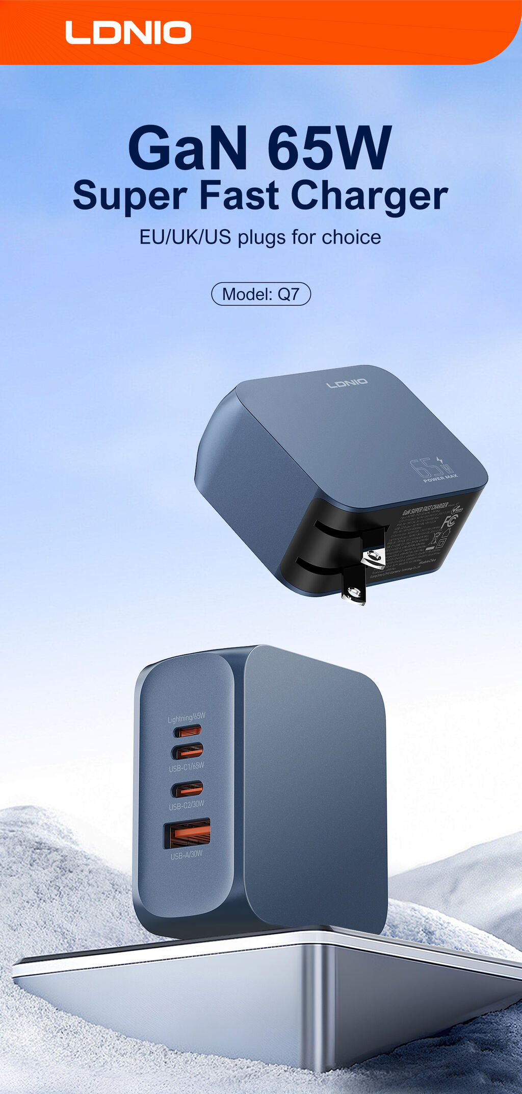 Ldnio Q7 65w Gan Iii Fast Wall Charger, 3-port Portable Usb C Charging ...