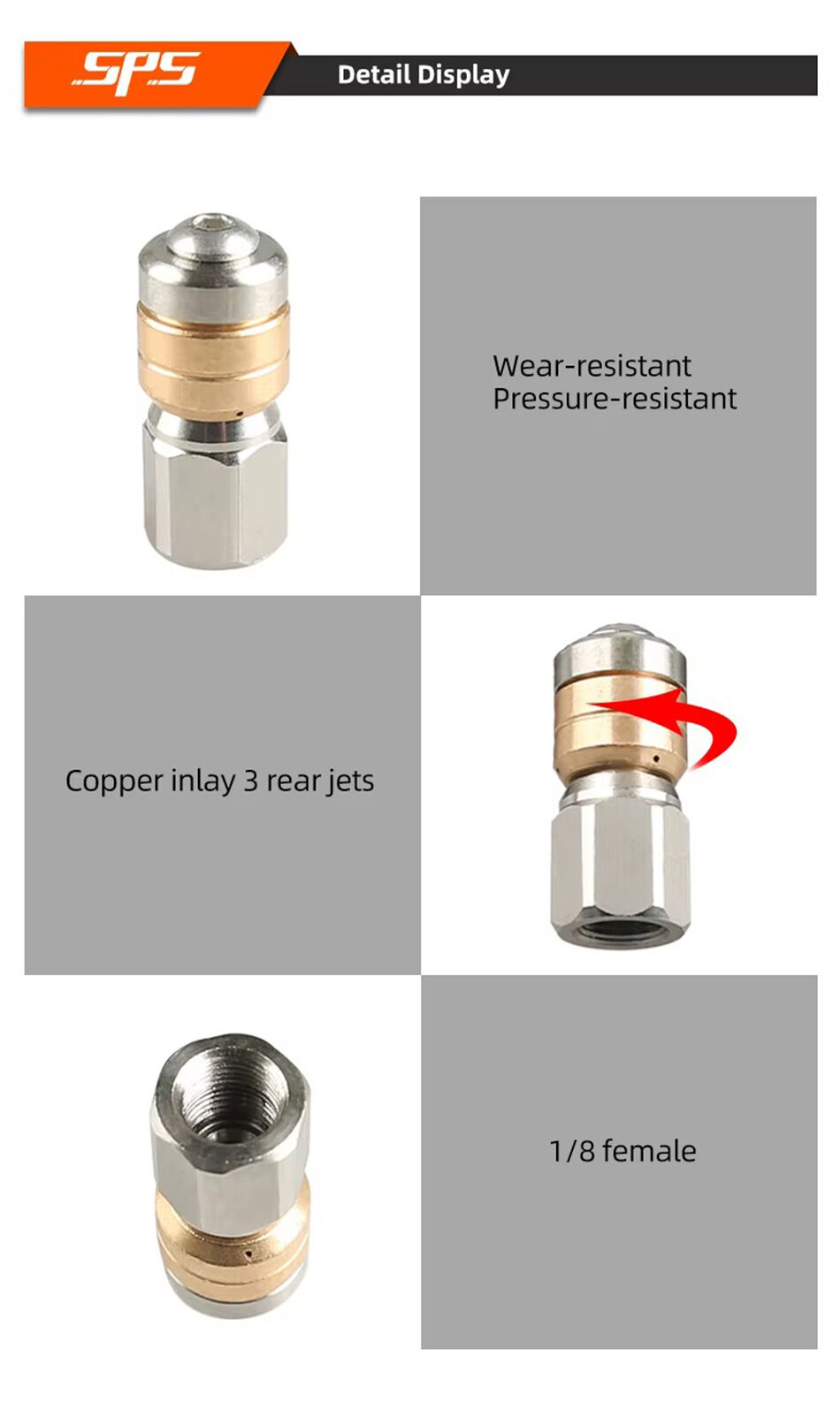 Bulk Buy China Wholesale Sps 1/8" Rotating Sewer Jetting Nozzle With 3 ...