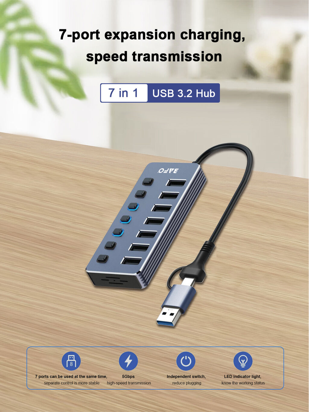 7-port Usb-a 3.2 Gen1 Hub With Switches, Dual Interface Usb-a/c Input ...