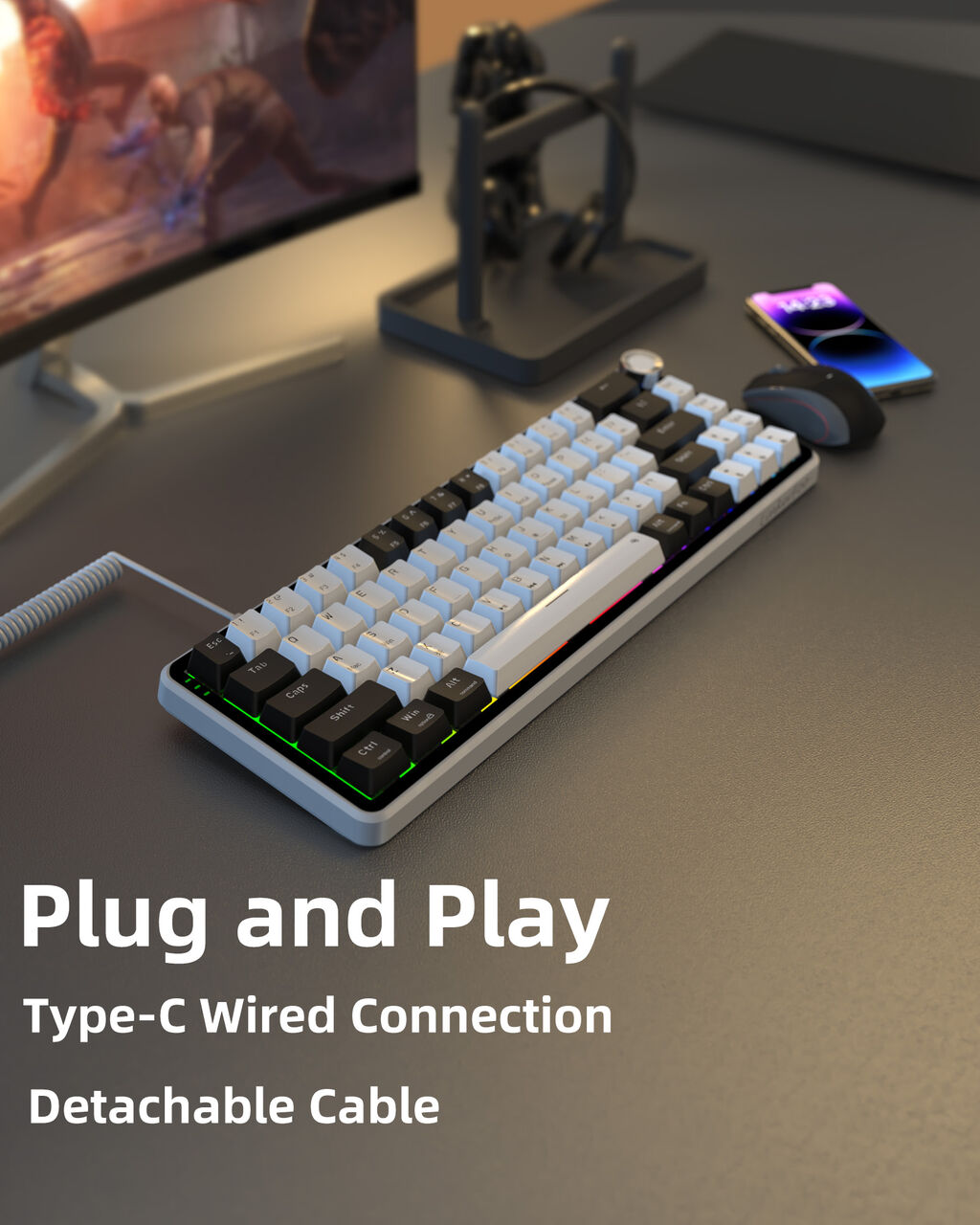 Lf67 Wb Wired 65% Rgb Hot-swappable Gaming Keyboard With Volume Knob ...