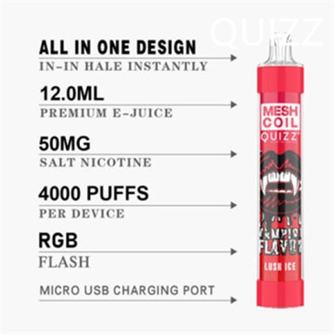 China RGB glowing QUIZZ MESH COIL 4000 puffs Pre-filled vape e ...
