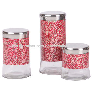 China Three-piece glass canister set with decal on Global Sources